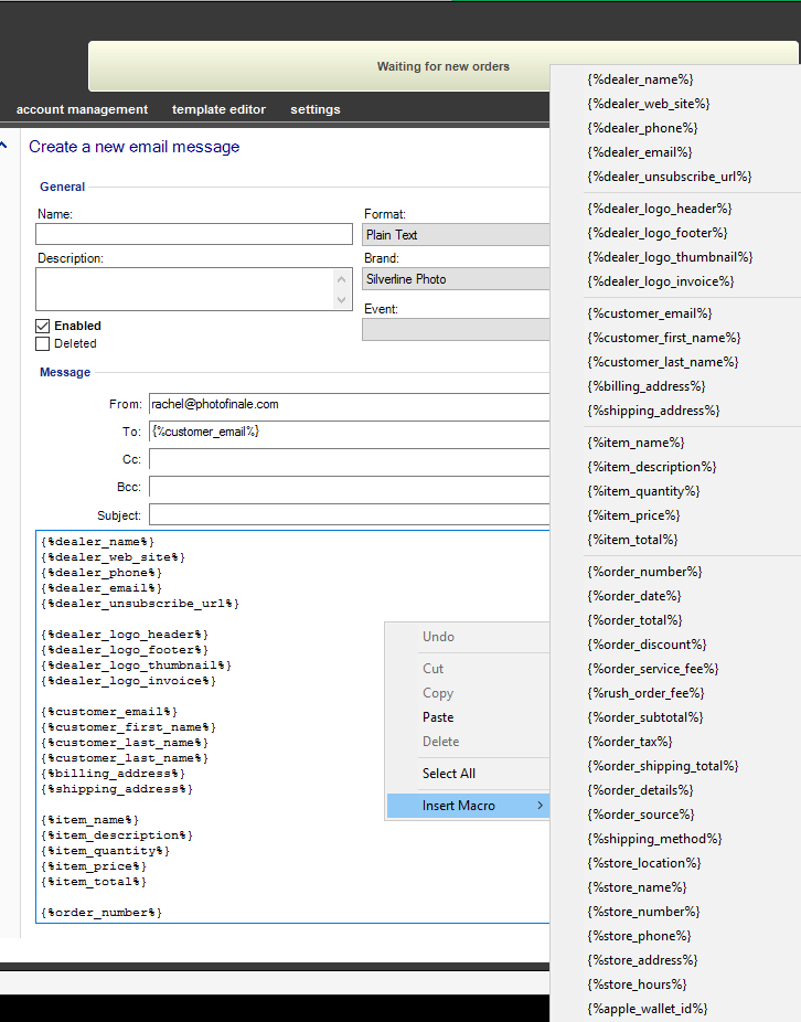 Email Message Macros - Documentation - Photo Finale Wiki